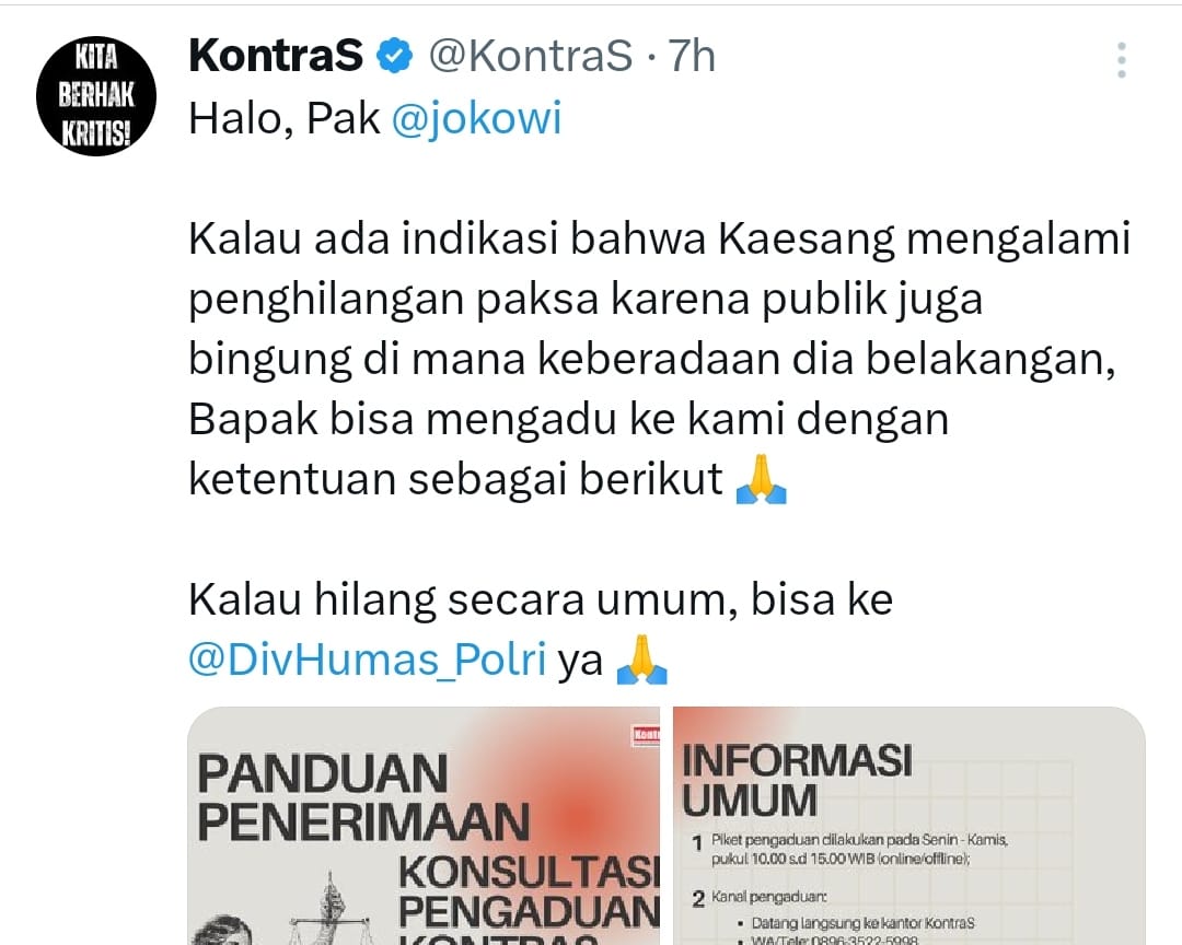 Trending di X Kaesang Raib, Kontras Buka Pengaduan Orang Hilang - Ipol.id